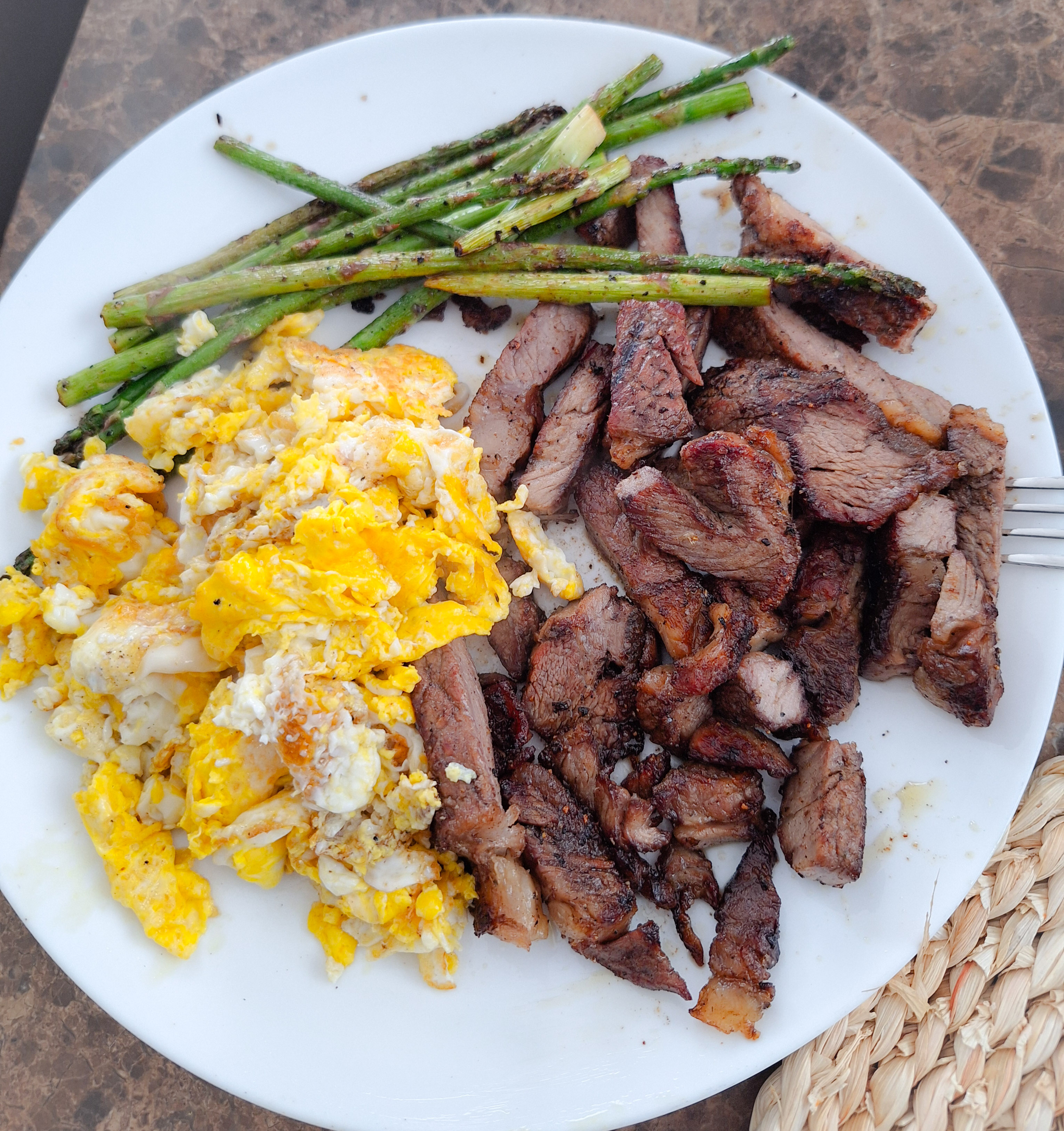Breakfast Platter: Scrambled Eggs, Leftover Steak, and Vegetables ...